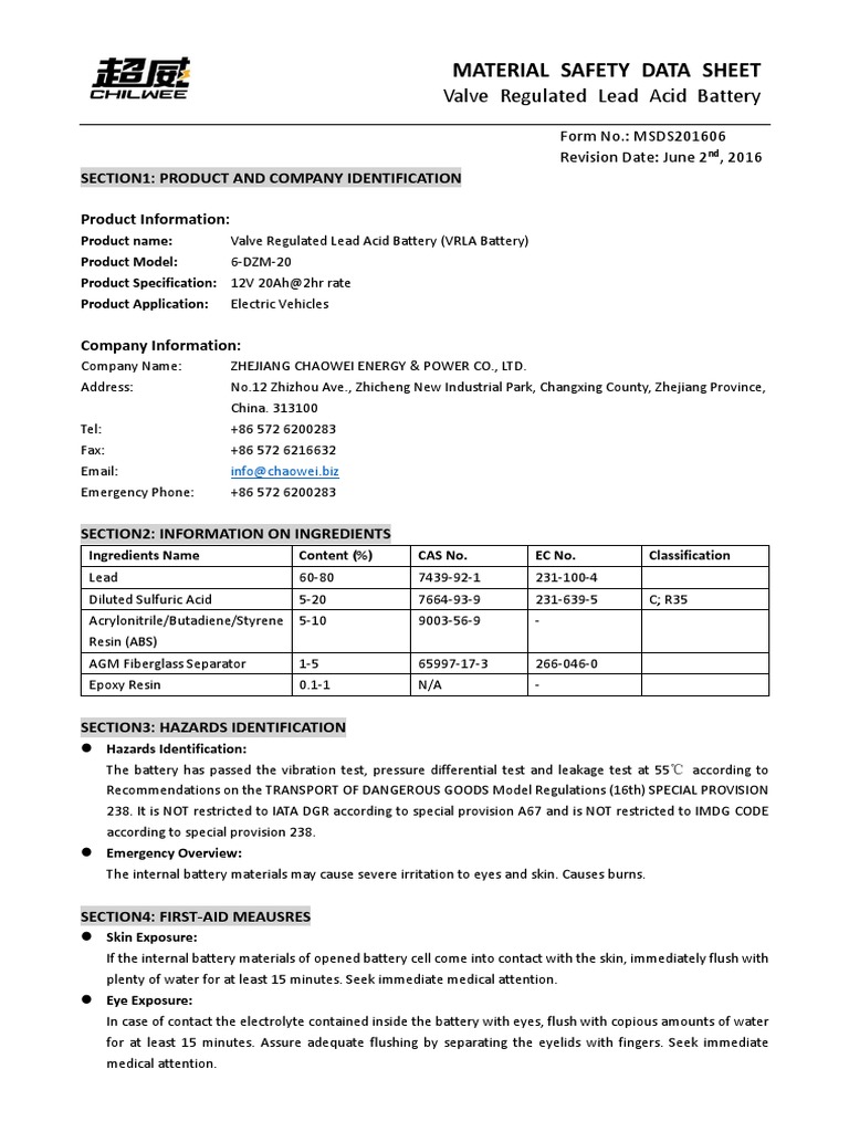 MSDS for Valve Regulated Lead Acid Battery | PDF | Battery (Electricity ...