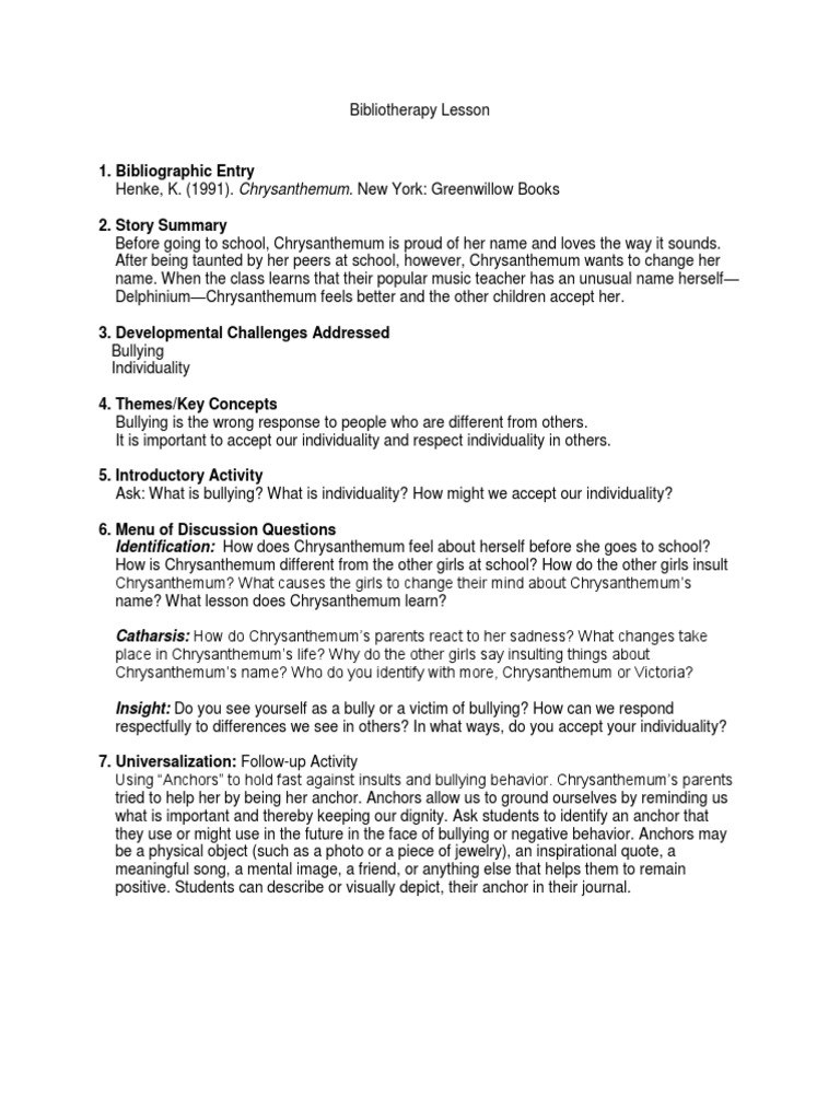 Chrysanthemum Bibliotherapy Lesson | PDF