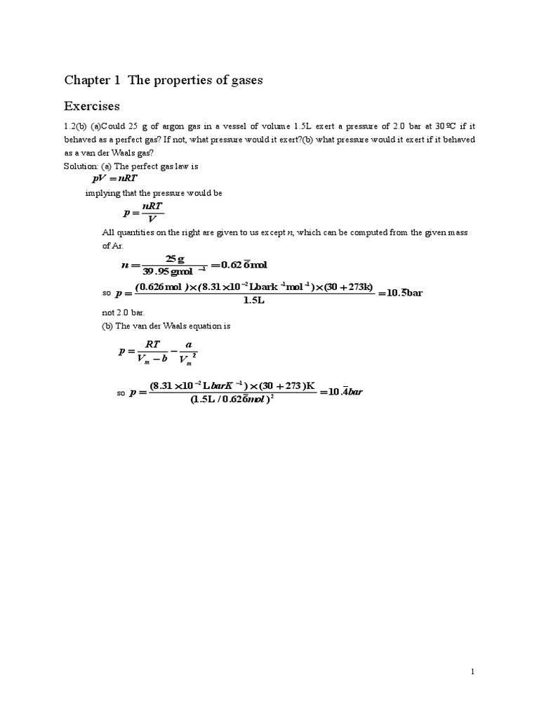 Physical Chemistry Chapter 2 Problems | PDF | Gases | Mole (Unit)