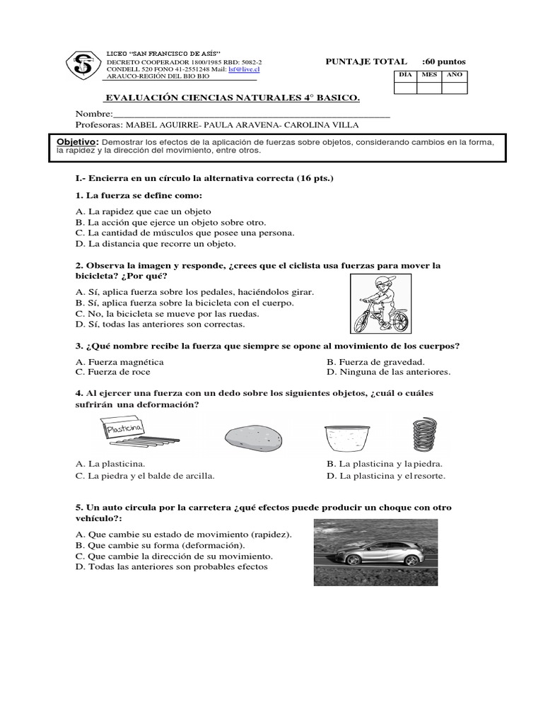 Evaluación de Fuerzas para 4° Básico | PDF | Fuerza | Movimiento (física)