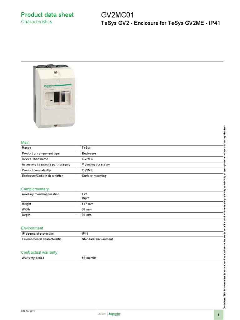 TeSys GV2 Enclosure IP41 Specs | PDF