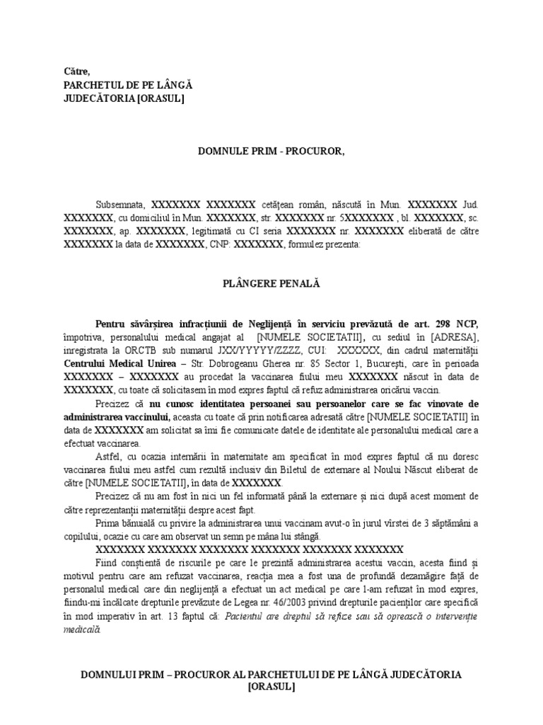 Model Plangere Penala Vaccinare Fara Acord in Maternitate | PDF