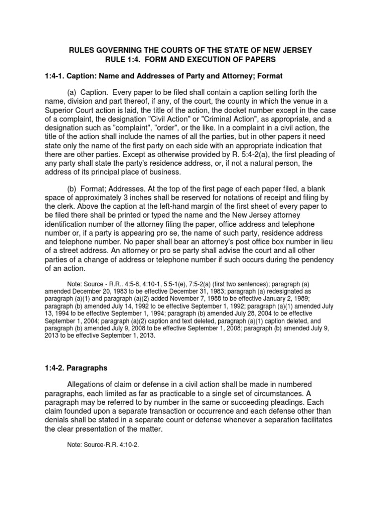 Rules Governing The Courts of The State of New Jersey Rule 1:4. Form ...