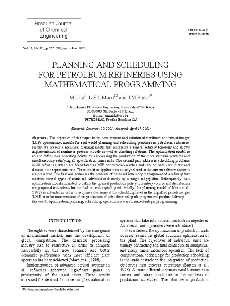 Planning and Scheduling For Petroleum Refineries Using Mathematical ...