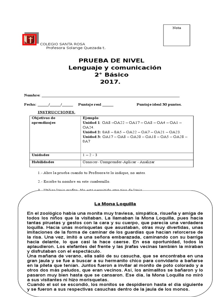 Prueba de Nivel 2° Básico | PDF | Sustantivo | Sintaxis