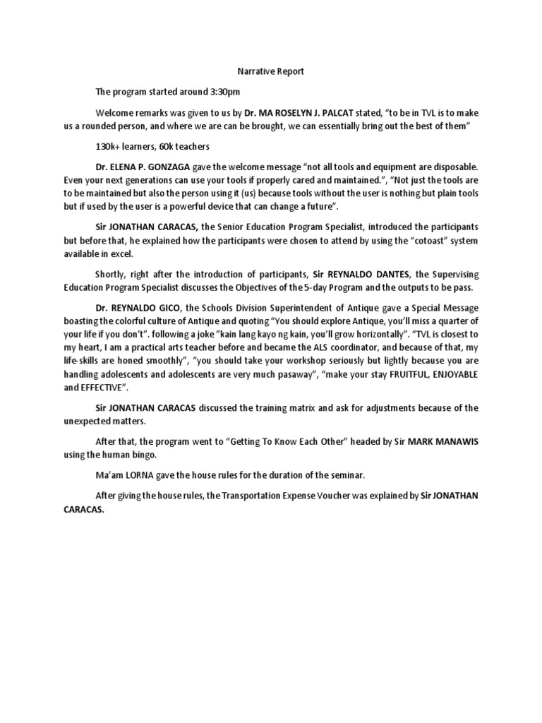TVL Program Narrative Report Summary | PDF | Wellness