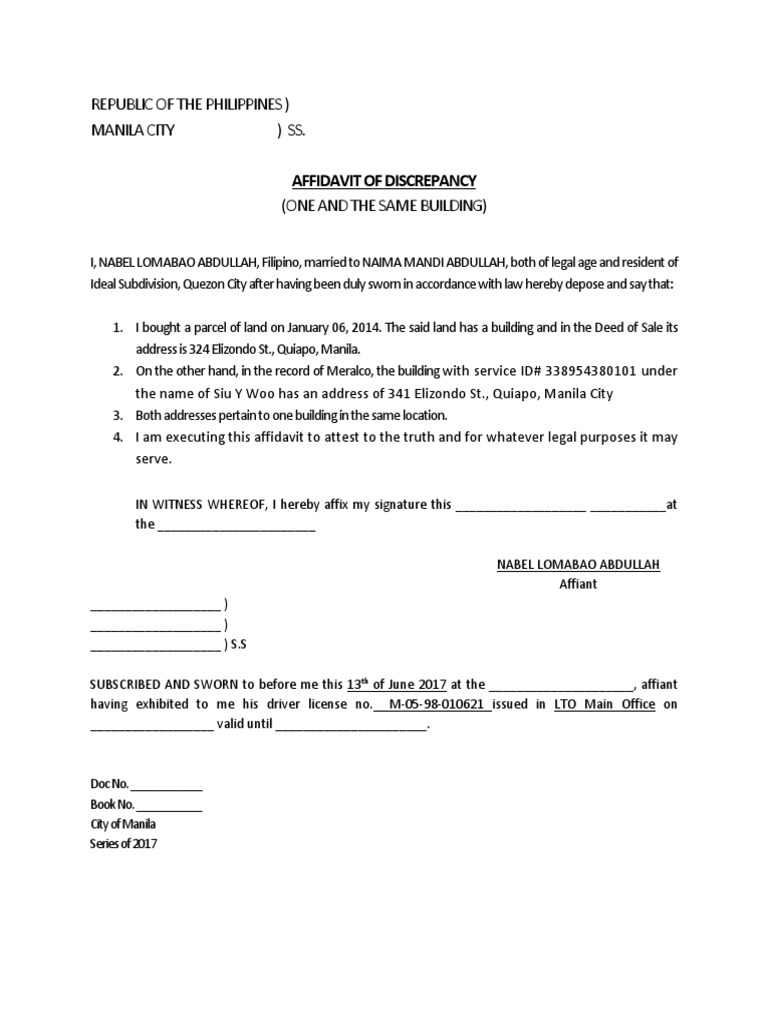 Affidavit of Discrepancy | PDF | Affidavit | Legal Documents