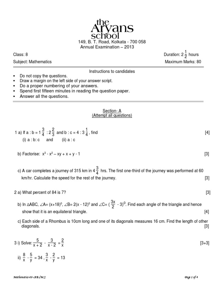 Class 8 Maths Question Paper | PDF | Triangle Geometry | Triangle