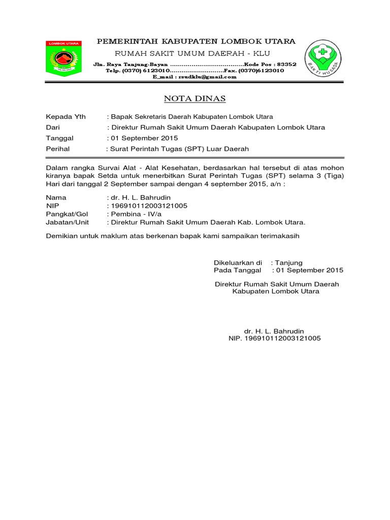 Nota Dinas Perjalanan Dinas RSUD KLU | PDF