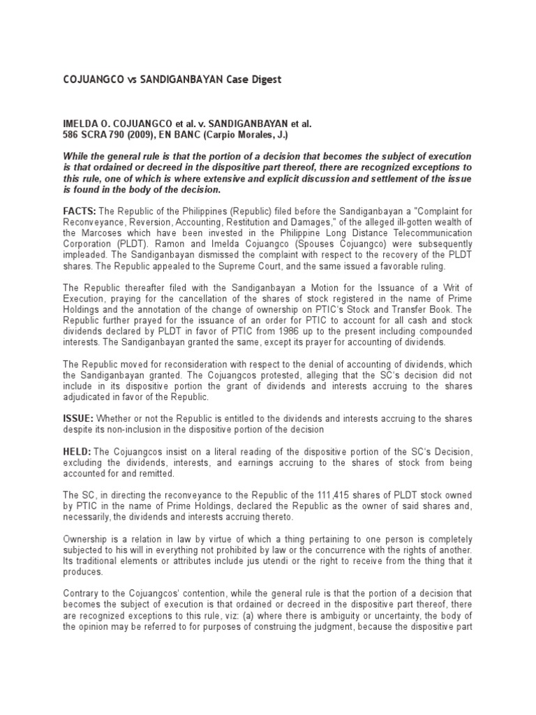 Cojuangco vs Sandiganbayan Case Summary | PDF | Stocks | Dividend