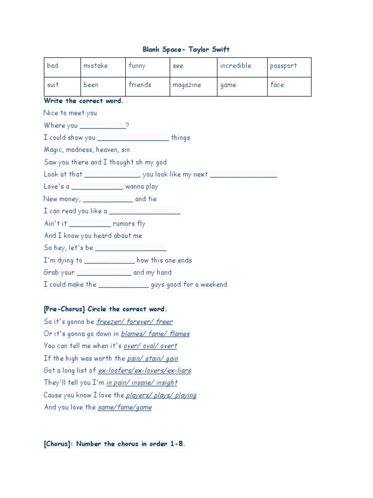 Fill in the Blanks: Blank Space Lyrics | PDF | Taylor Swift | Songs