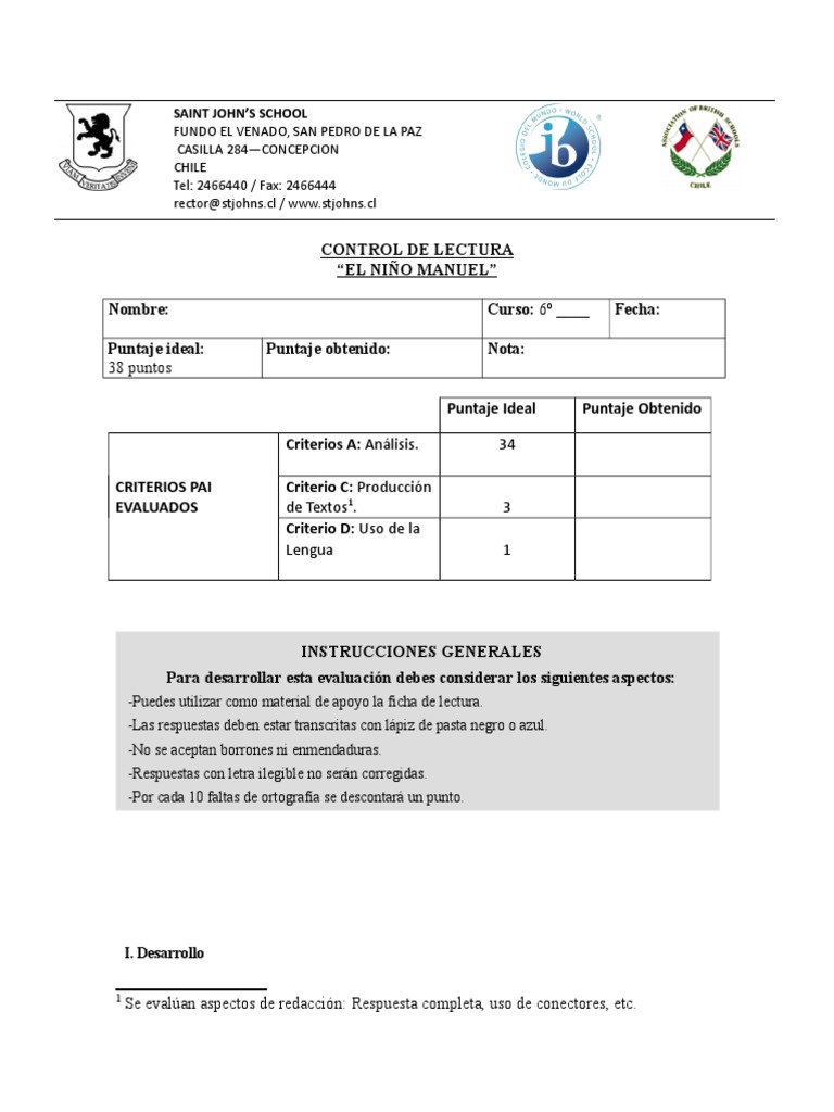 CONTROL DE LECTURA EL NIÑO MANUEL. Avello | PDF