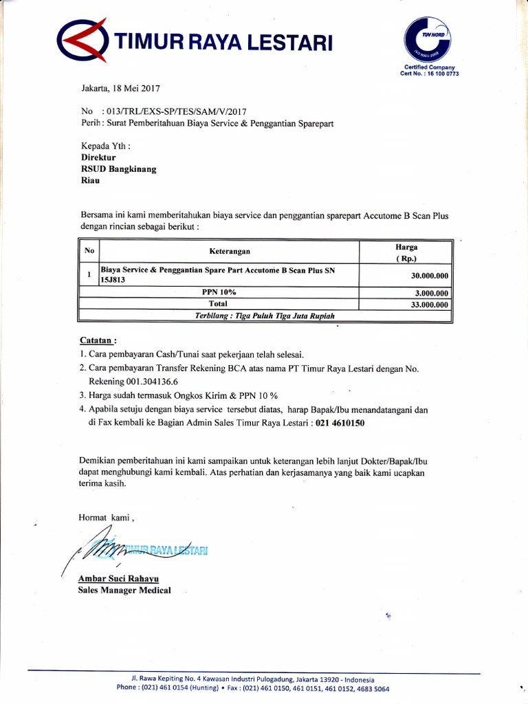 Pemberitahuan Biaya Service Alat Medis | PDF