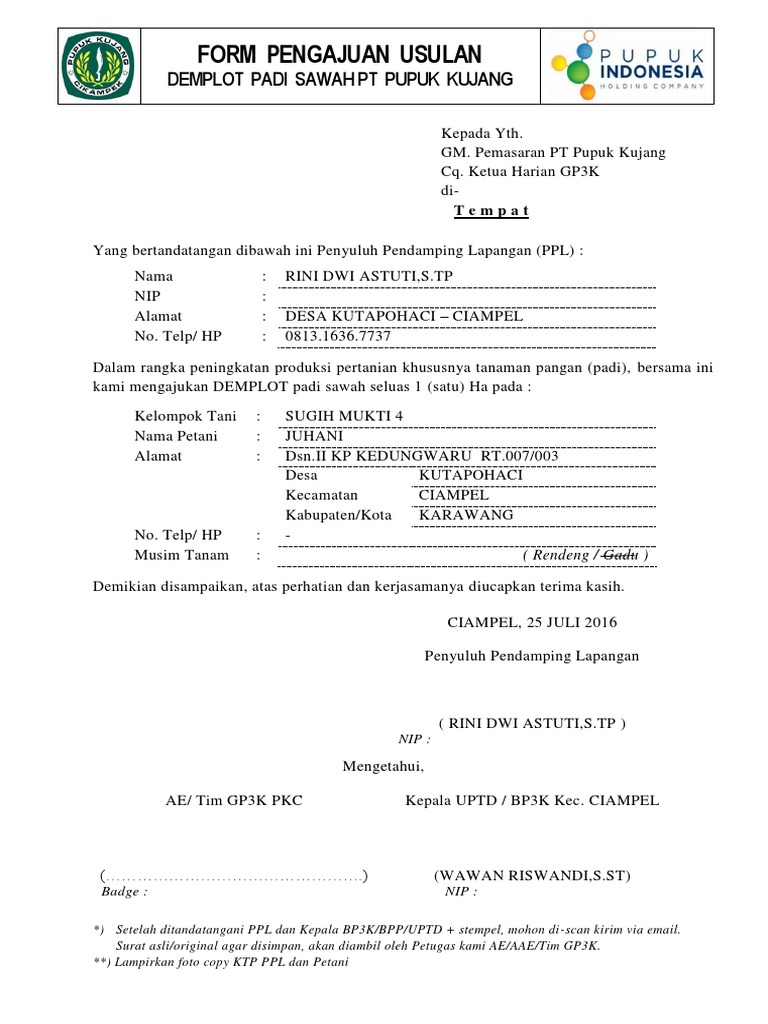 Form Pengajuan Usulan Demplot Padi Sawah Des10 | PDF
