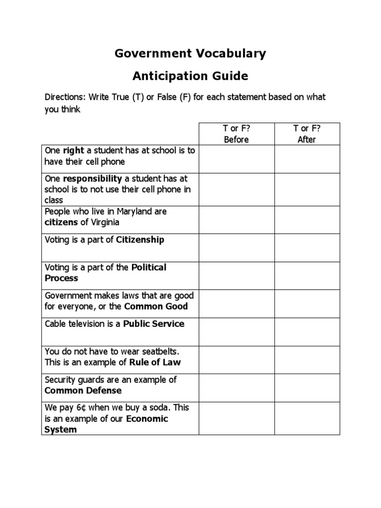 Government Anticipation Guide | PDF