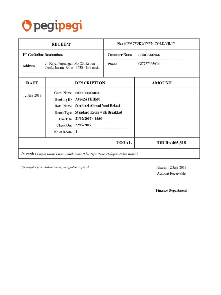 Receipt: No: 10295773/KWT/FIN-GOLD/VII/17 | PDF | Indonesian Rupiah ...