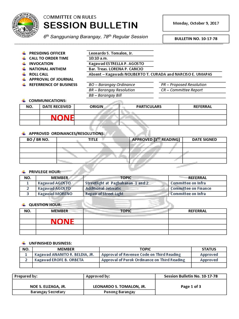 Sangguniang Barangay Session Bulletin | PDF | Government