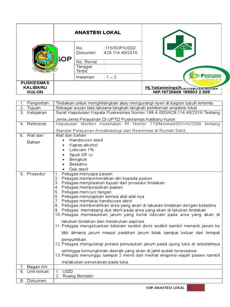 SOP Anastesi Lokal | PDF