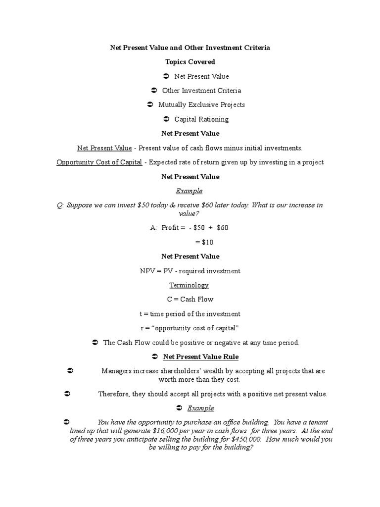 Net Present Value Investment Criteria Guide | PDF | Net Present Value ...