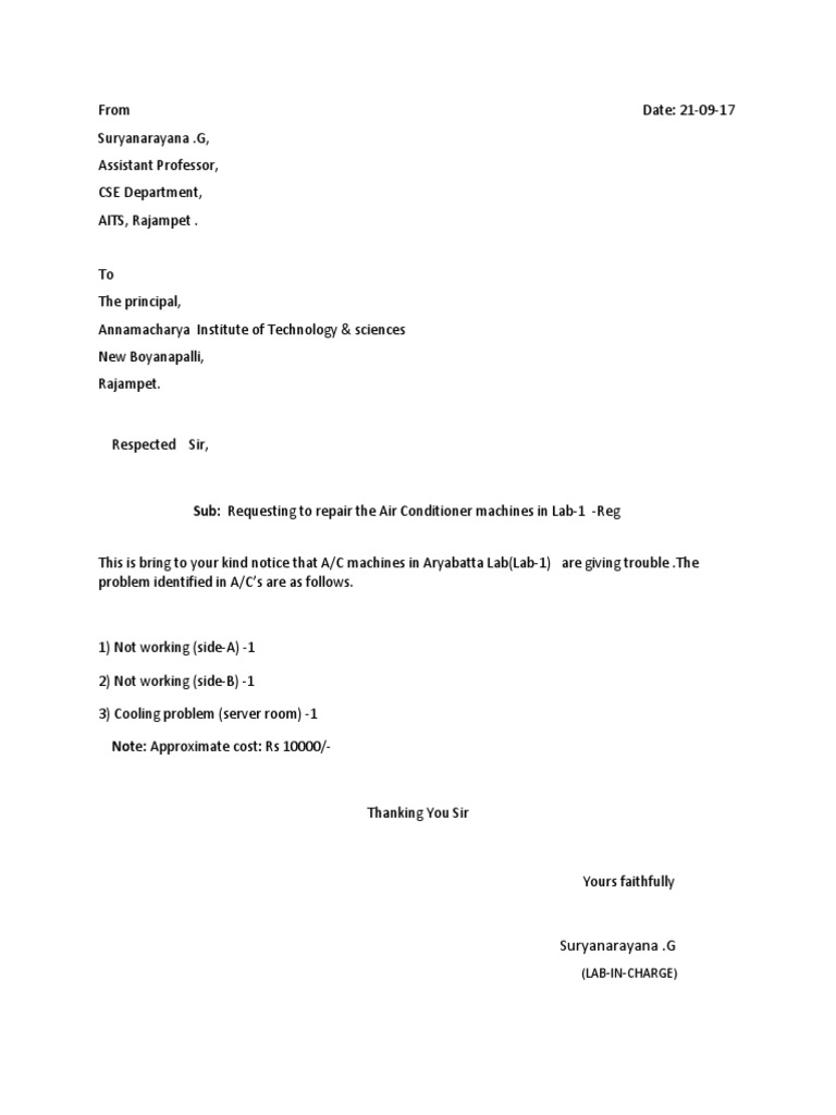 Sub: Requesting To Repair The Air Conditioner Machines in Lab-1 - Reg | PDF