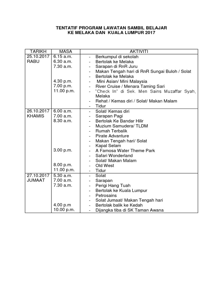 Tentatif Lawatan Melaka & KL 2017 | PDF