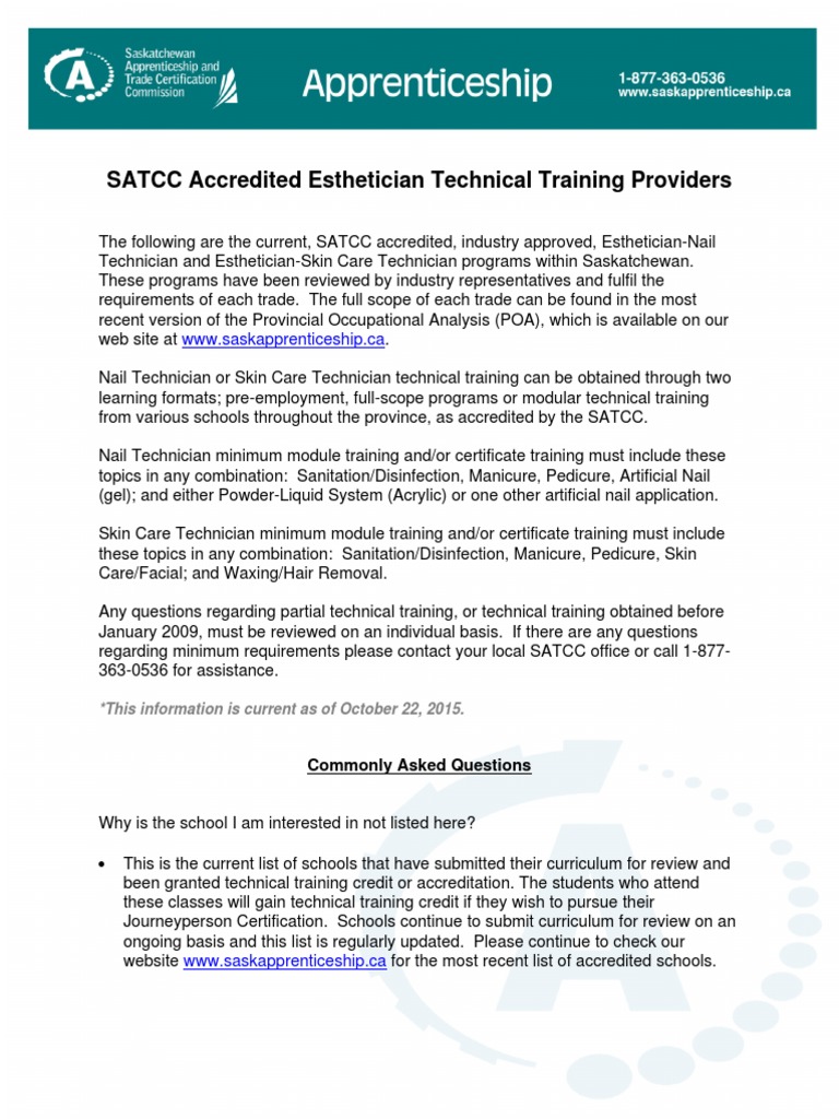 Approved SATCC Esthetician Technical Training Providers | PDF ...