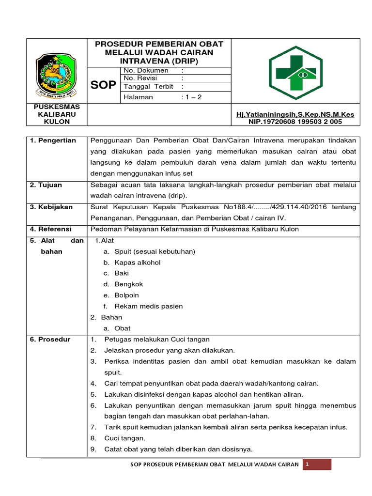 SOP Prosedur Pemberian Obat Melalui Wadah Cairan IV | PDF