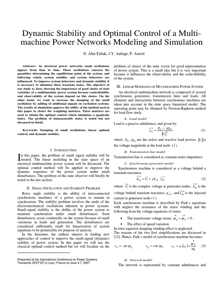 Dynamic Stability and Optimal Control of A Multi-Machine Power Networks Modeling and Simulation ...