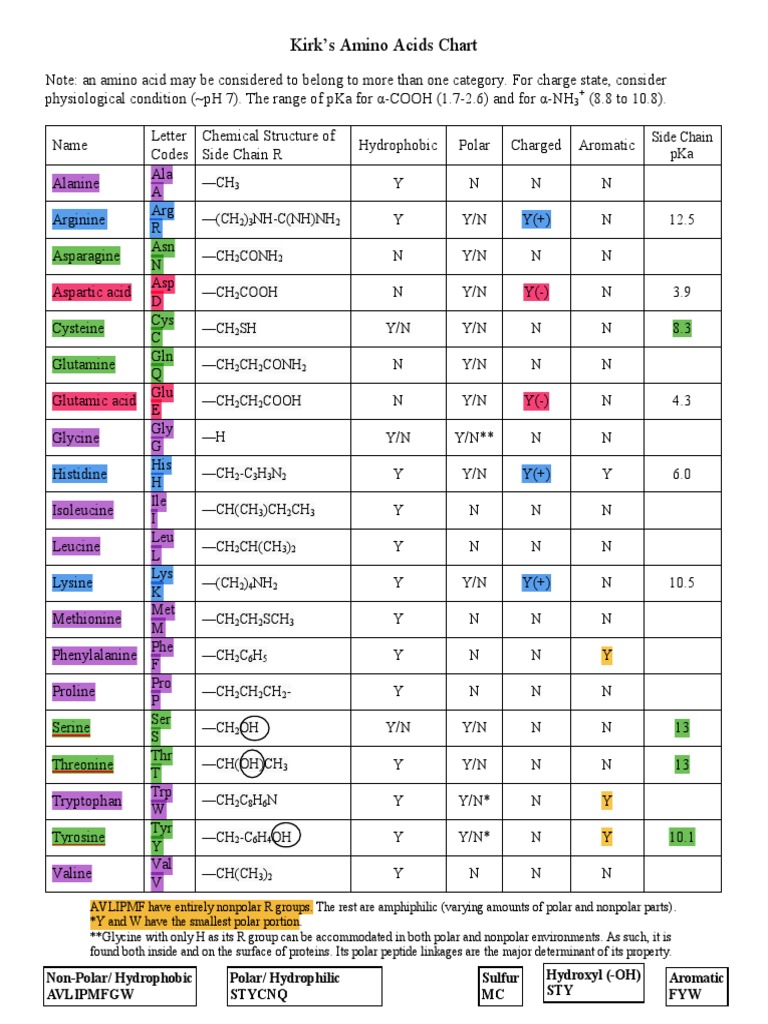 Amino Acids Characteristics Chart | PDF | Cysteine | Amino Acid