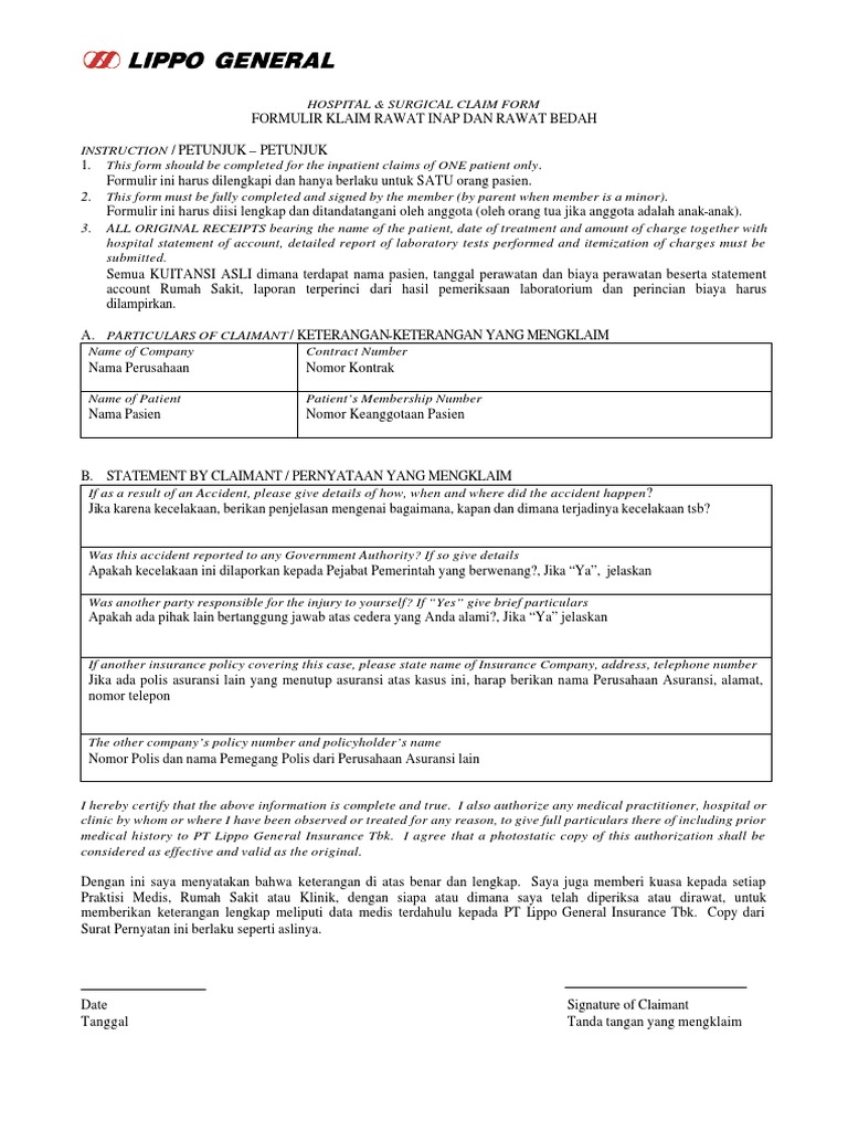 Form Klaim Rawat Inap | PDF