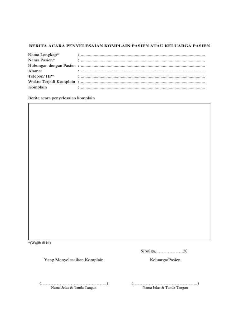 Formulir Berita Acara Penyelesaian Komplain