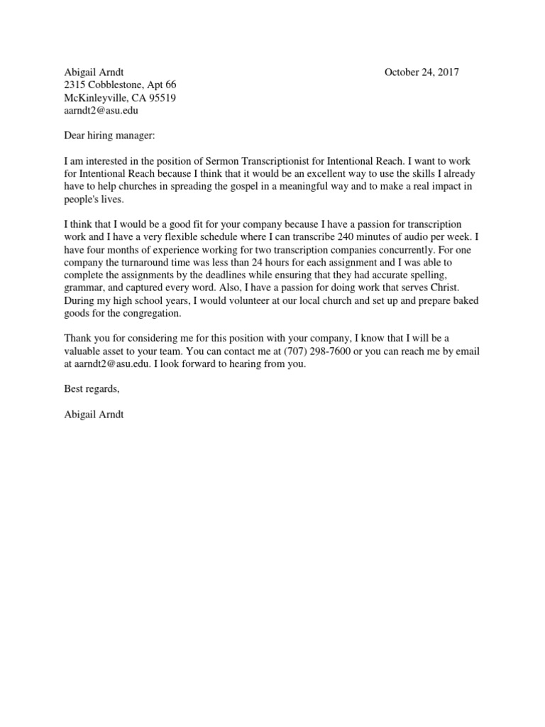 Abigail Arndt Cover Letter | PDF | Career & Growth | Religion ...