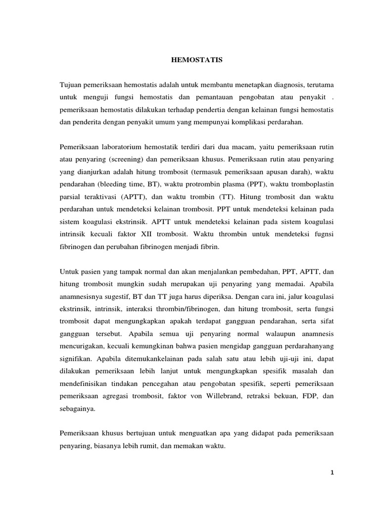 Pemeriksaan Hemostatis dan Metodenya | PDF
