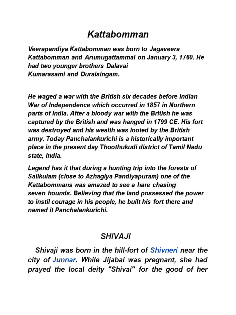 Veerapandiya Kattabomman: A Brief History | PDF | History