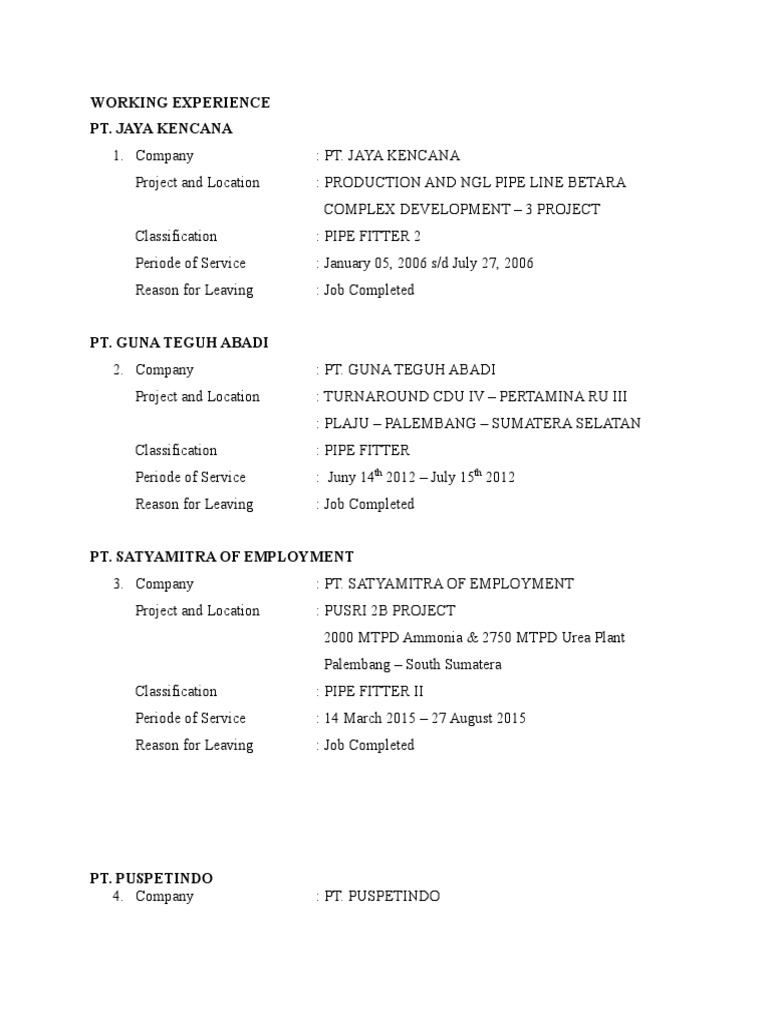 Working Experience Pt. Jaya Kencana: TH TH | PDF