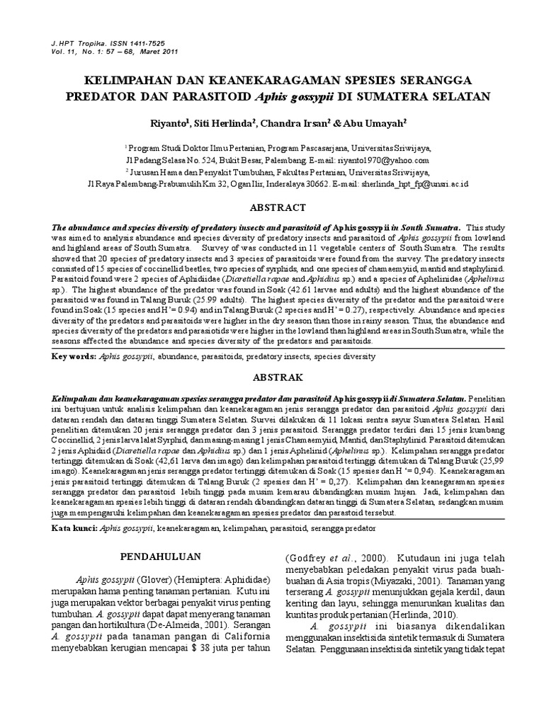 Kelim Dan Keaneka Spesies Serangga Predator Dan Parasitoid Aphis ...