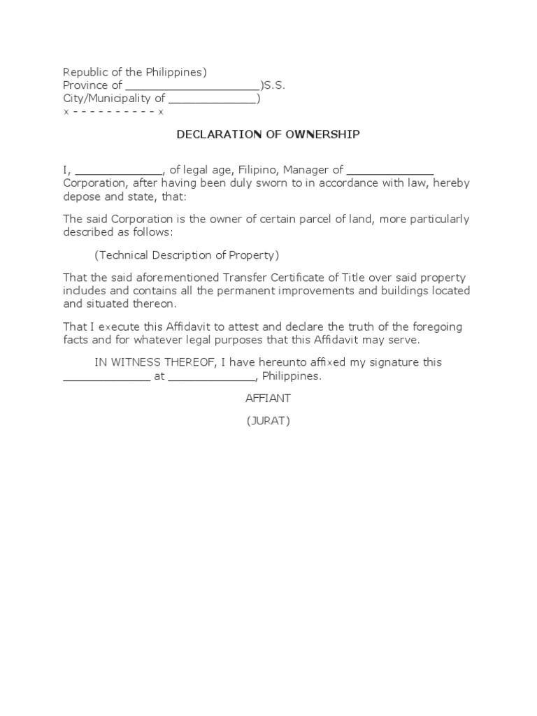 Affidavit of Declaration of Ownership of Real Property | PDF | Social ...