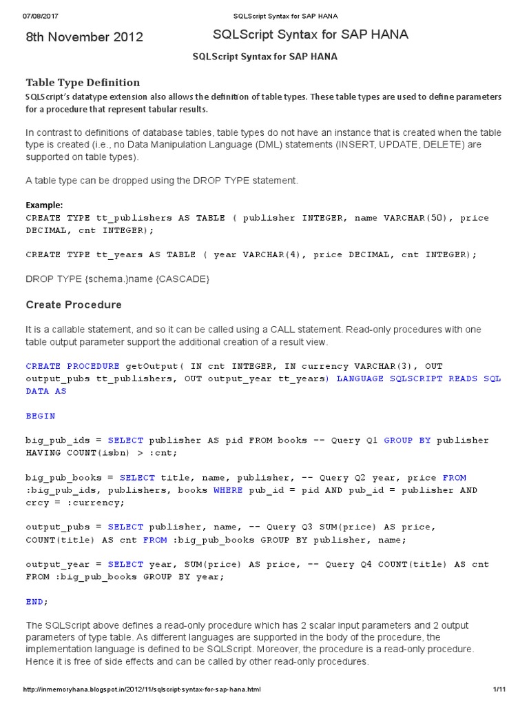 Sqlscript Syntax For Sap Hana Pdf Parameter Computer Programming Subroutine 