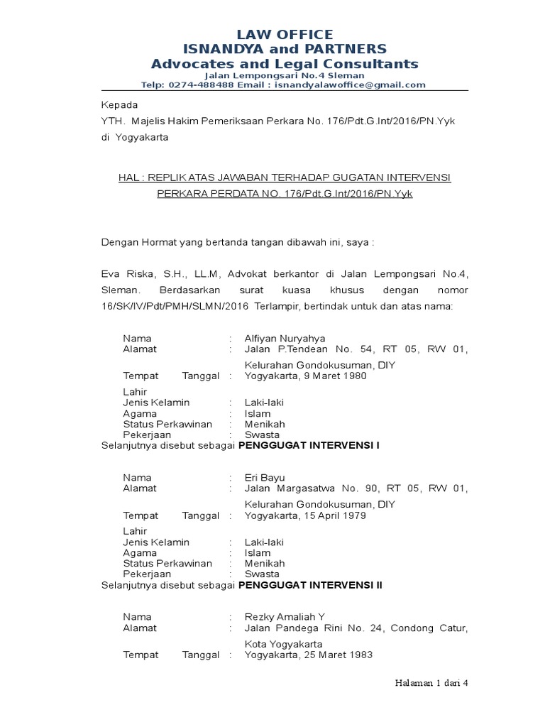 Replik Atas Jawaban Tergugat 2 | PDF