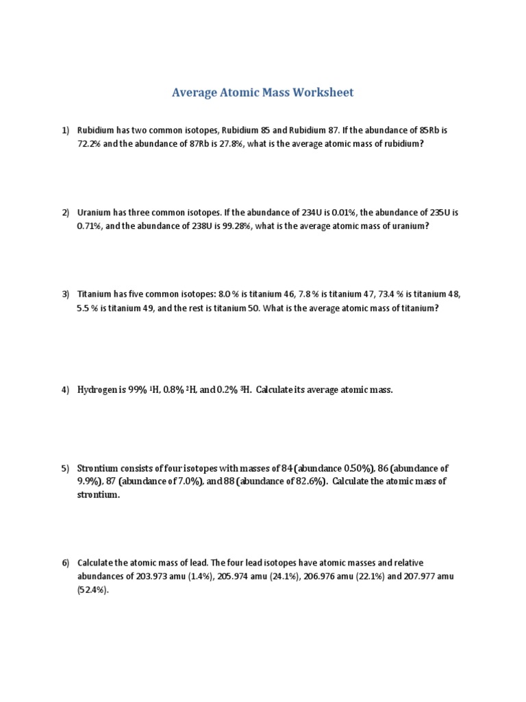 Average Atomic Mass Calculation Worksheet | PDF