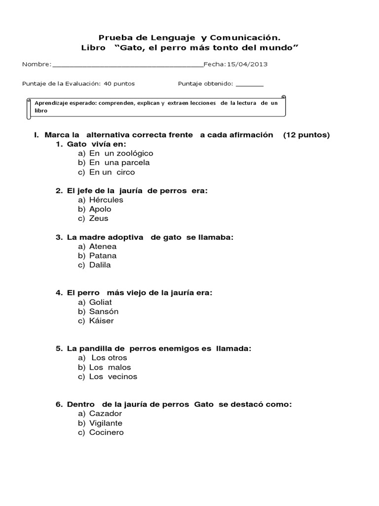 Prueba Gato El Perro Mas Tonto de L Mundo | PDF | Gatos | Perros