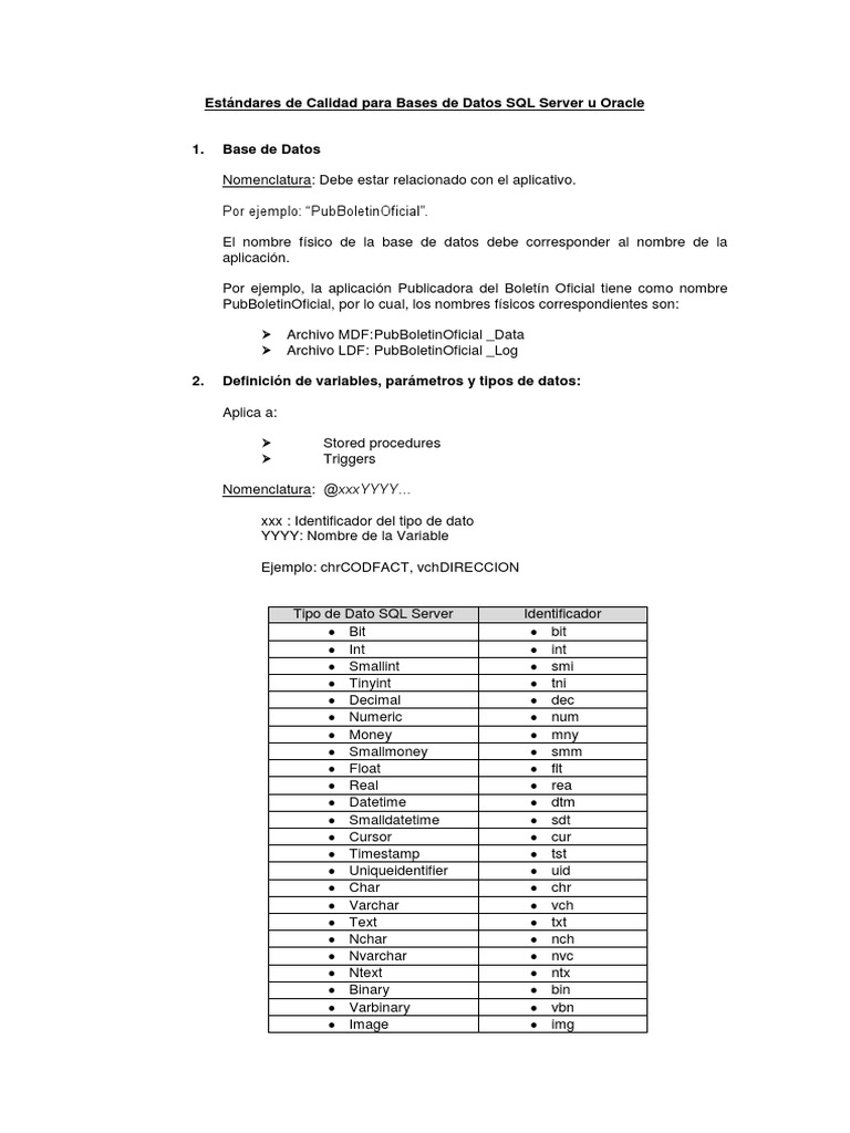 Estándares de Calidad para Bases de Datos SQL Server U Oracle | PDF | SQL | Tabla (base de datos)