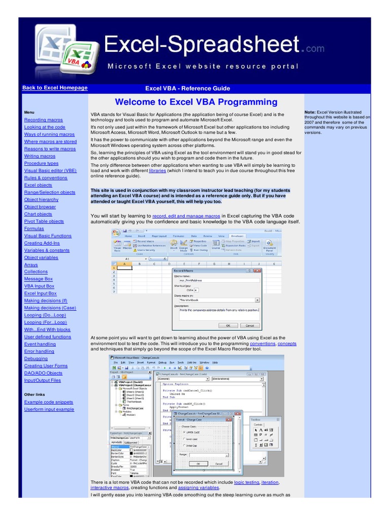 ExcelVBA Reference Guide | PDF | Visual Basic For Applications | Microsoft Excel
