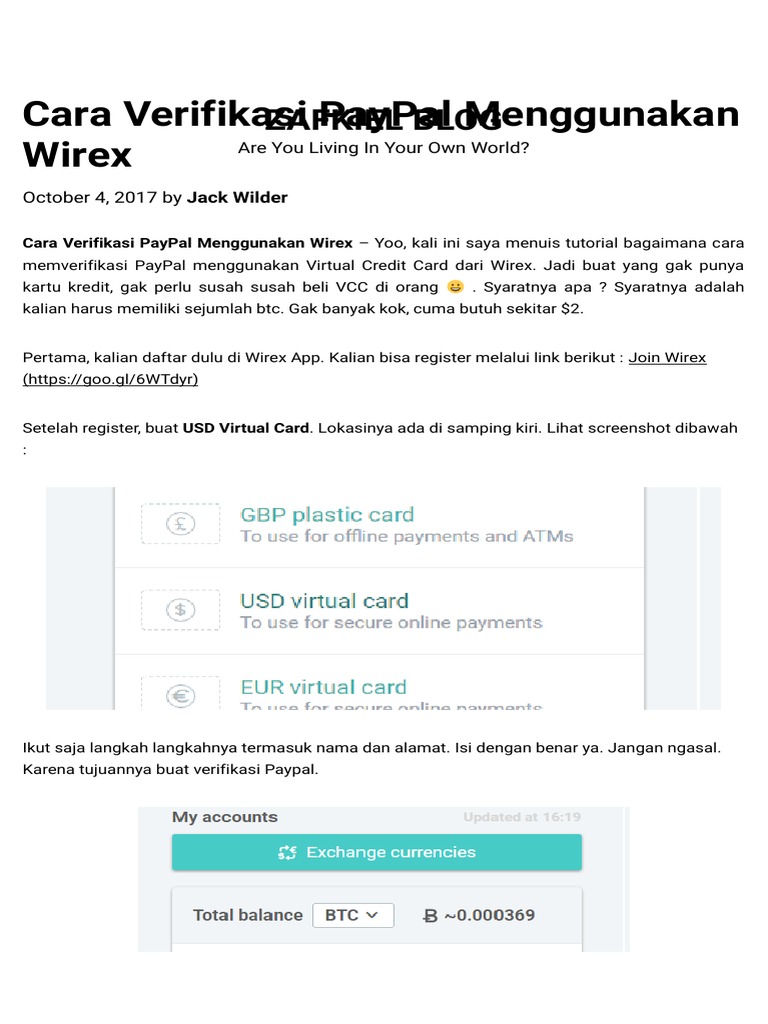 Verifikasi PayPal dengan Wirex VCC | PDF