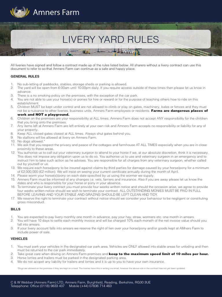 Amners Farm Livery Yard Rules | PDF | Horses | Government