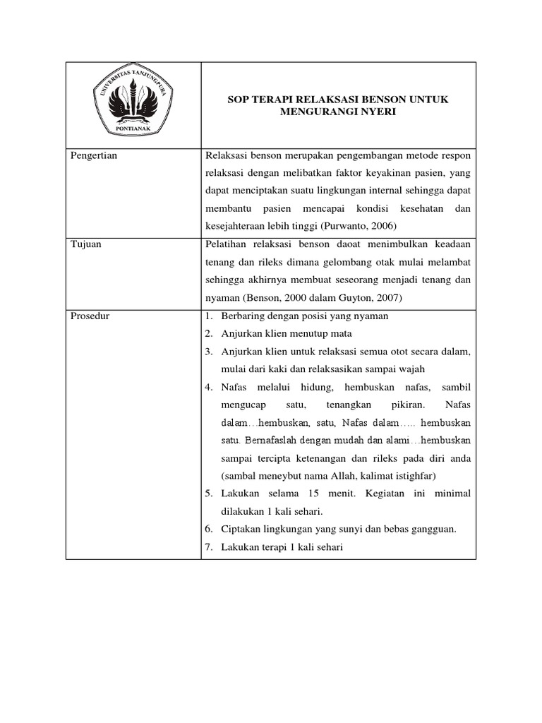 Sop Terapi Relaksasi Benson Untuk Mengurangi Nyeri | PDF