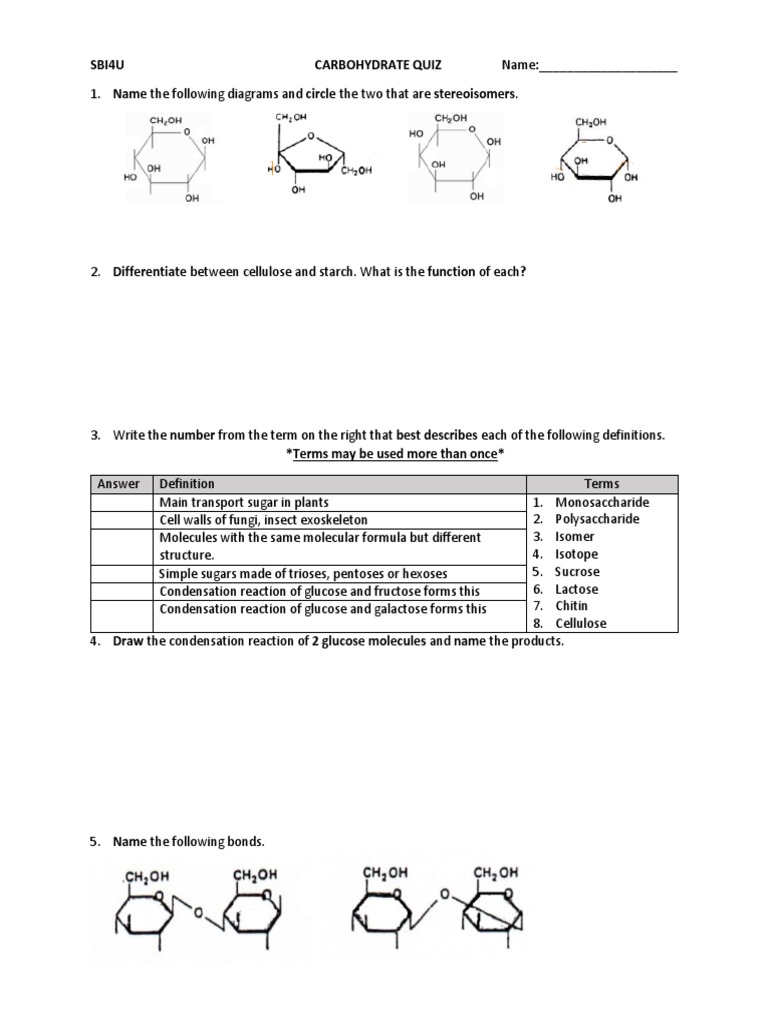 Sbi4U Carbohydrate Quiz Name | PDF