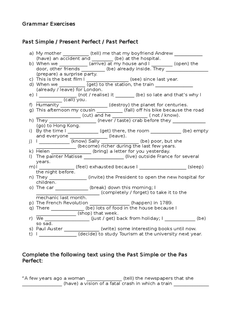 Grammar Exercises - Past Perfect | PDF