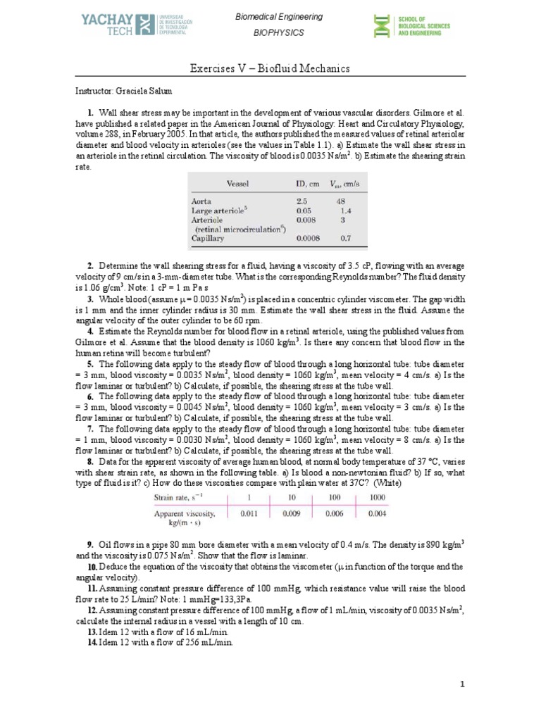 Exercises 5 | PDF | Hemodynamics | Viscosity