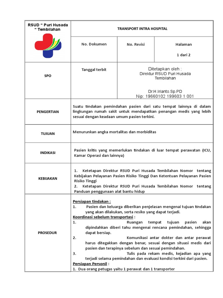 SOP Transport Intra Hospital | PDF
